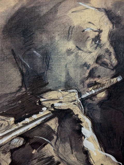 ZEICHNUNG ANTIK JEAN Terles Porträt Musiker Flötist Konzert Tinte ...