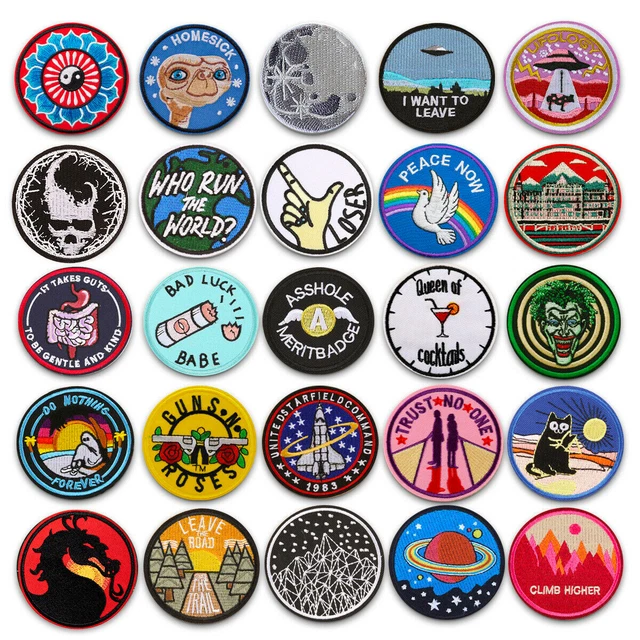 CIRCLE PATCH EMBROIDERED Sew On Iron On Badge Fabric Craft Transfer Cap ...