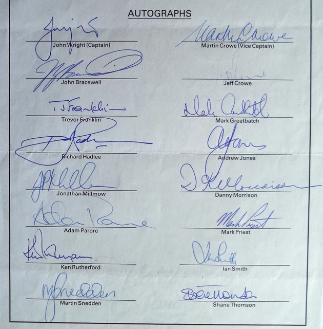 NEW ZEALAND TO England 1990 Official Cricket Autograph Team Sheet £45. ...
