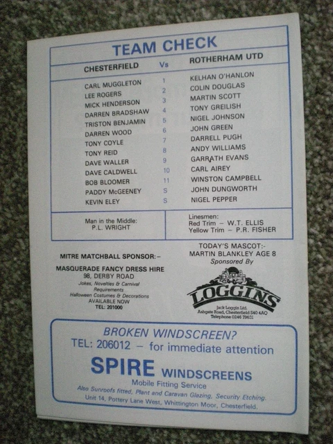 CHESTERFIELD V ROTHERHAM UNITED, 3rd OCTOBER 1987, NO WRITING, MINT ...