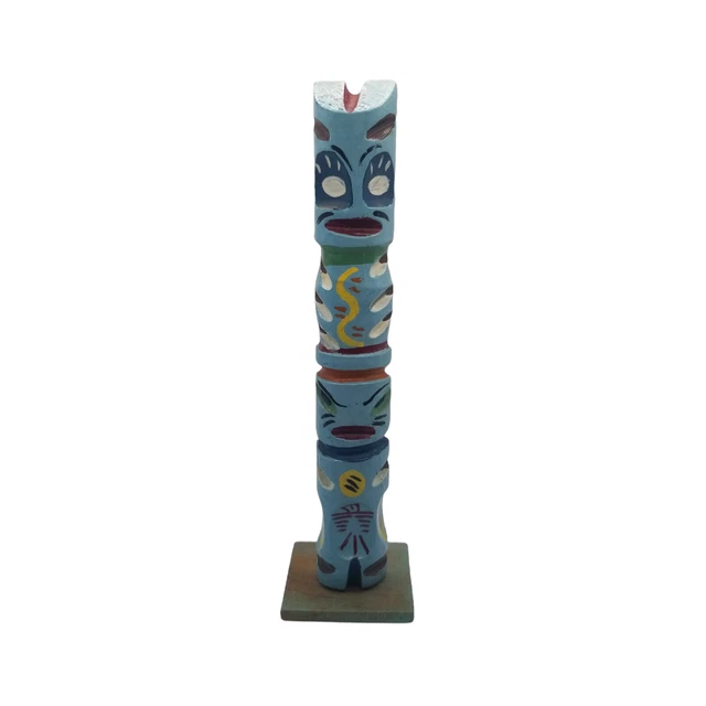VINTAGE WOOD TOTEM Pole Hand Painted Blue Faces 8.25" Native American ...