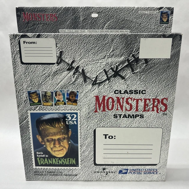 VINTAGE NEW FRANKENSTEIN Monster USPS Stamp Boris Karloff 1997 Shirt L ...