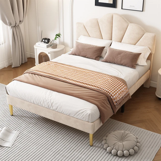 DOUBLE BED FRAME Upholstered Platform Bed w/ Tufted Headboard Wood Slat ...