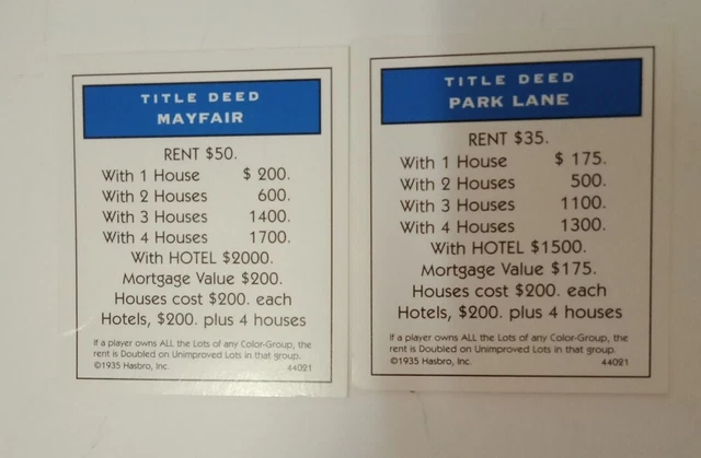 VINTAGE MONOPOLY REAL-ESTATE Cards. Mayfair & Park Lane. Set Of 2. Free ...