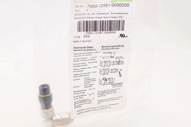 MURR 7000-12581-0000000 M12 Bu. 0° A-kod. Schneidklemmanschluss OVP ...