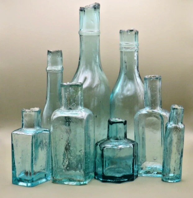 X8 DIFFERENT VICTORIAN/EDWARDIAN Aqua Glass Burst-lip Bottles ...