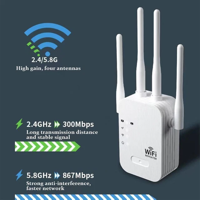 1200 MBPS DUAL-BAND 2.4/5G 4 antenna ripetitore router Wi-Fi range ...