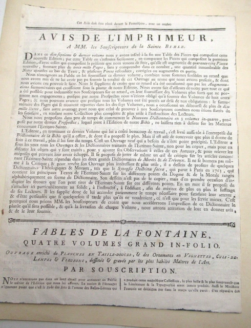 RARE PROSPECTUS &FABLES DE LA FONTAINE" Par OUDRY 1755 + SAINTE BIBLE ...