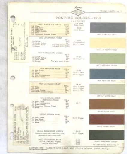 1950 PONTIAC ACME Color Paint Chip Chart All Models Original EUR 9,98 ...