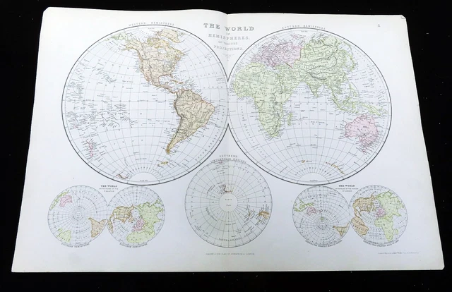 LARGE MAP OF the world Antique Original 1888 Globe Hemisphere Polar ...