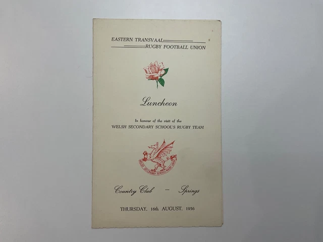 1956 EASTERN TRANSVAAL RFU v Welsh Sec School’s Dinner Menu card - rare ...