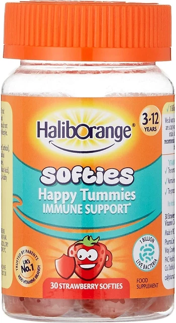 HALIBORANGE HAPPY TUMMIES Immune Support Strawberry Softies Age 3-12 £5 ...