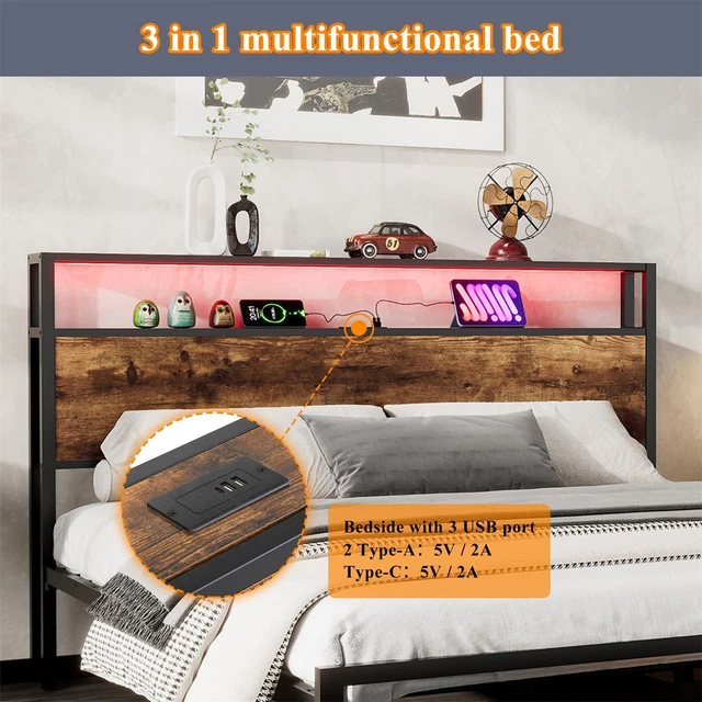 METAL BED FRAME with Outlets, LED Strip, 4ft6 Double Platform Bed with ...