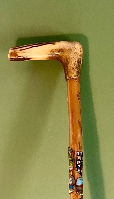 BONE/ANTLER HANDLE ALPINE walking stick with Swiss badges and Edelweiss ...