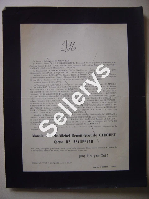 FAIRE-PART DE DÉCÈS de M. Marie Michel Benoît Auguste CADORET Comte de BEAUPREAU EUR 24,90 ...