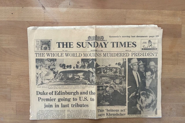SUNDAY TIMES FRONT cover reporting the assassination of JFK. £5.00 ...