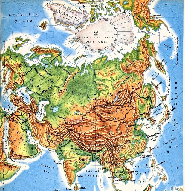 1956 ASIA MAP Altitude Elevations China Himalayas Caucasus Mountain ...