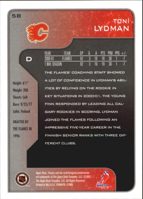 CARTE DE HOCKEY 2001-02 UD Victory Calgary Flames #58 Toni Lydman EUR 1 ...