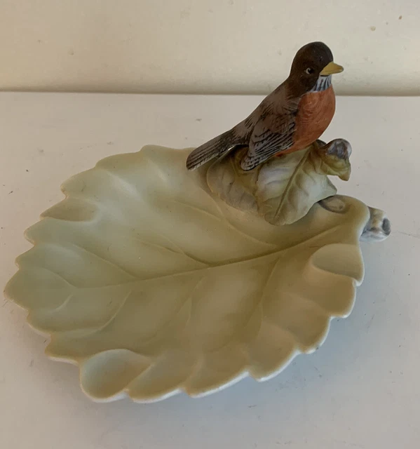 LEFTON CHINA ROBIN on a Leaf Hand Painted Porcelain Trinket Dish KW1240 ...