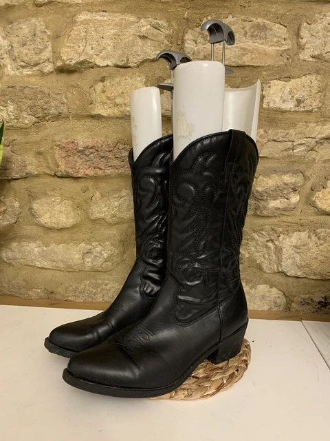 VINTAGE MENS BLACK Man Made Cowboy Boots Block Heels Mid Calf Uk Size 8 ...