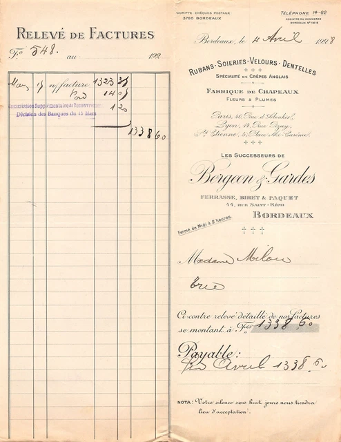 FACTURE 1928 RELEVE DE FACTURES SOIERIES BERGEON & GARDES A BORDEAUX ...