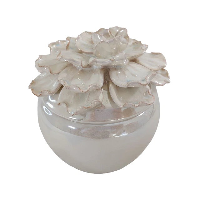 CERAMIC LIDDED POT Trinket Box Pearl Effect Applied 3D Flower Lid ...