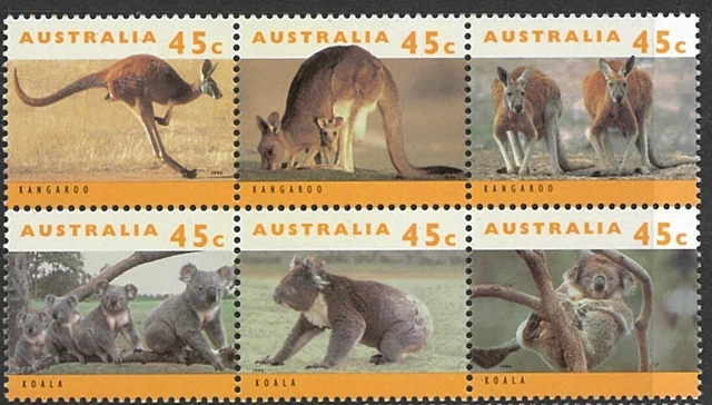 1994 AUSTRALIAN NATIVE Animals Block 6x45c Kangaroos/Koalas Full Gum ...