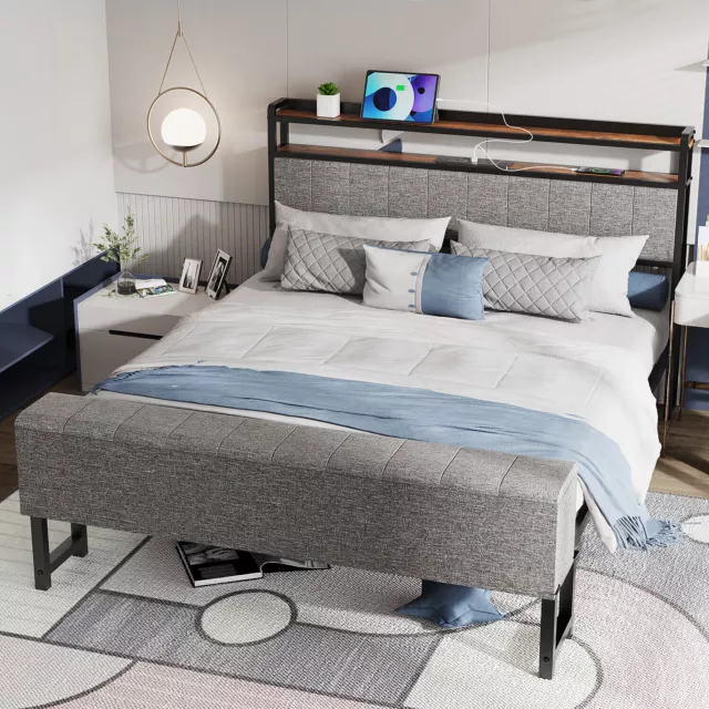 LUXURY GREY FABRIC BED FRAME SET UPHOLSTERED WITH HEADBOARD 4FT6 DOUBLE ...