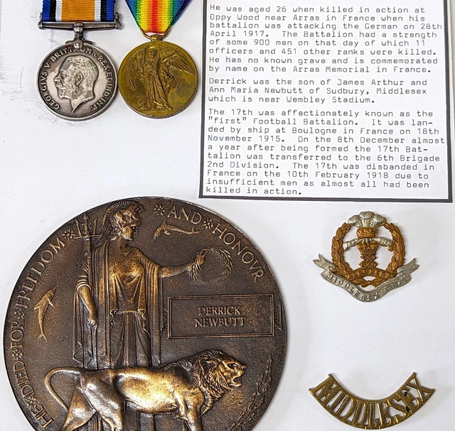 *KIA WW1 BRITISH army medals badges Death Plaque D Newbutt 17 Middlesex ...