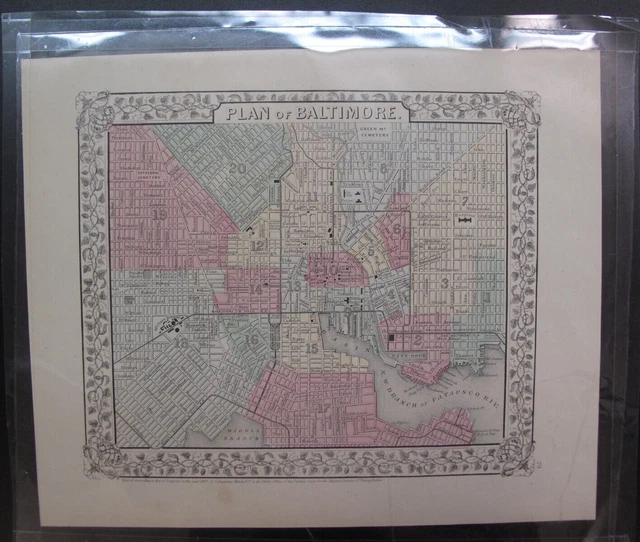 MITCHELL ANTIQUE HAND Colored Map City Plan of Baltimore Maryland Mt ...