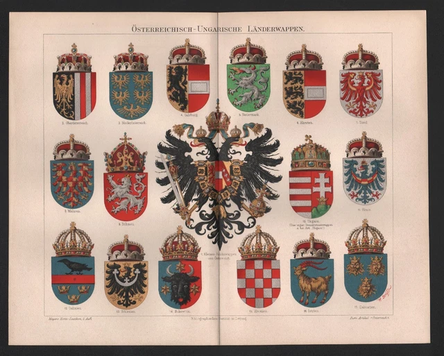 LITOGRAFIA CROMATICA 1897: stemma austro-ungarico. Stemma bandiere EUR ...