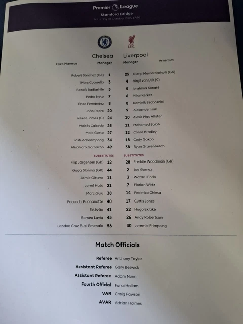 CHELSEA V LIVERPOOL OFFICIAL PROGRAMME + TEAMSHEET 2025-26 MINT £7.55 ...