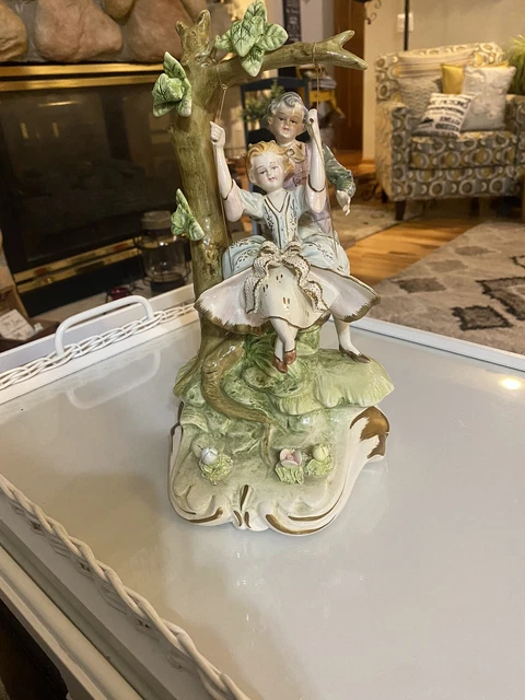 ANTIQUE CAPODIMONTE K. Tsubota Artist Signed Boy & Girl on Swing ...
