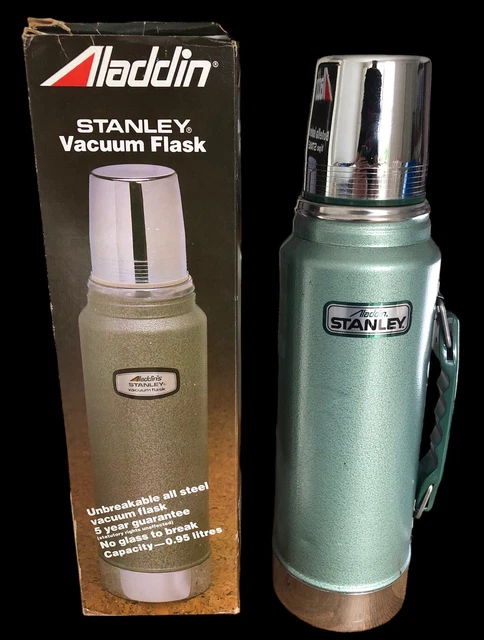 VINTAGE ALADDIN STANLEY Metal Chrome Thermos Flask Green 0.95 Litre ...