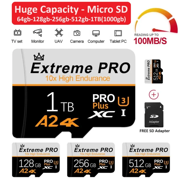 MICRO SD MEMORY Card Class 10 U3 A2 64GB 128GB 256GB 512GB 1TB 2TB Free ...