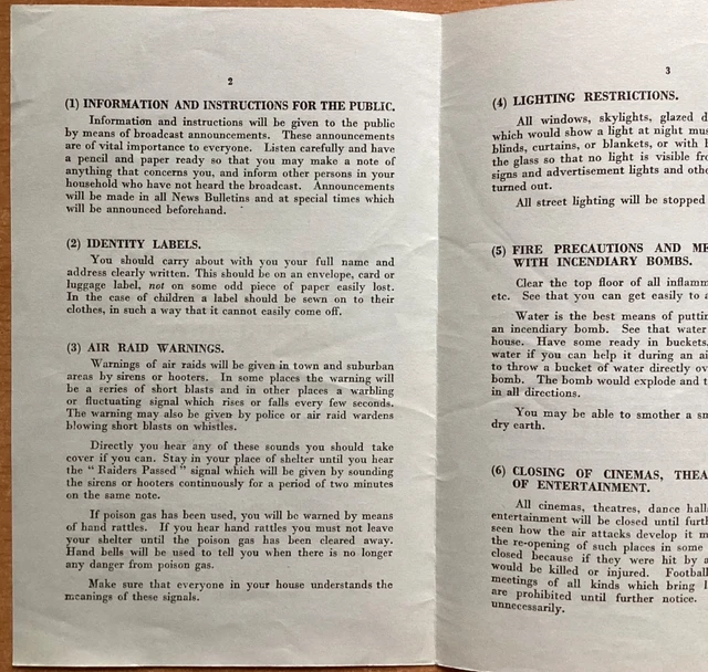 WW2 BRITISH CIVIL Defence Leaflet: War Emergency - Information And ...