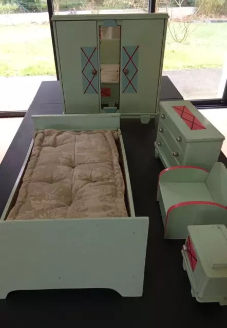 MOBILIER DE CHAMBRE de poupée vintage en bois peint des années 50 EUR 90,00 - PicClick FR