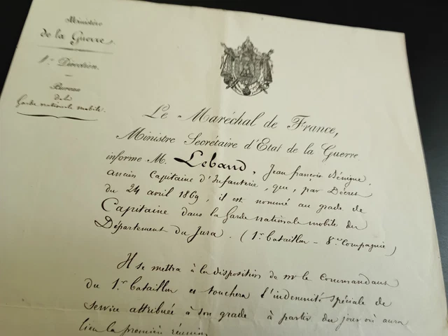 NAPOLÉON III MARÉCHAL Niel 1869 capt Lebaud garde mobile Jura EUR 39,00 ...