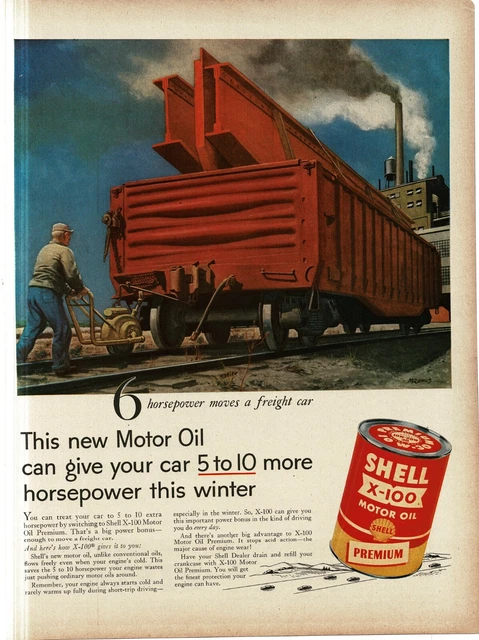 1956 SHELL X-100 Motor Oil Print Ad Railroad Gondola Steel Beam Michael ...