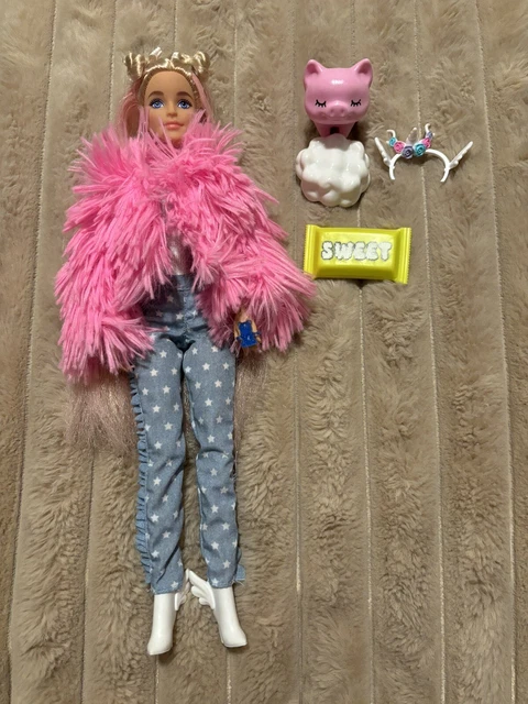 BARBIE EXTRA DOLL in Pink Fluffy Coat with Pet Unicorn-Pig and ...