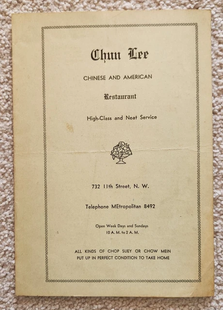 VINTAGE MENU - Chun Lee Chinese & American - Washington, D.c. - 1930'S ...
