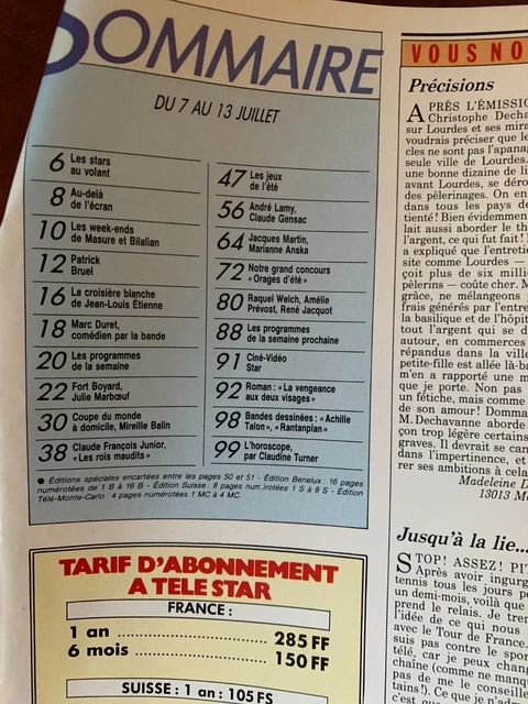 TELE STAR DU 2/07/1990; Patrick Bruel/ Jean Loup Etienne/ Fort Boyard ...