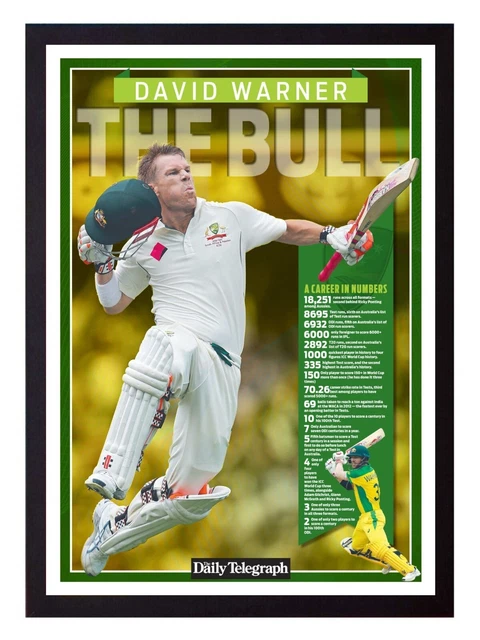 FRAMED 2024 AUSTRALIA Cricket Poster - David Warner 'The Bull' - 45cm x ...