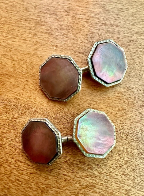 VINTAGE OCTAGON DOUBLE Button Chain Link Art Deco Style Abalone Shell ...