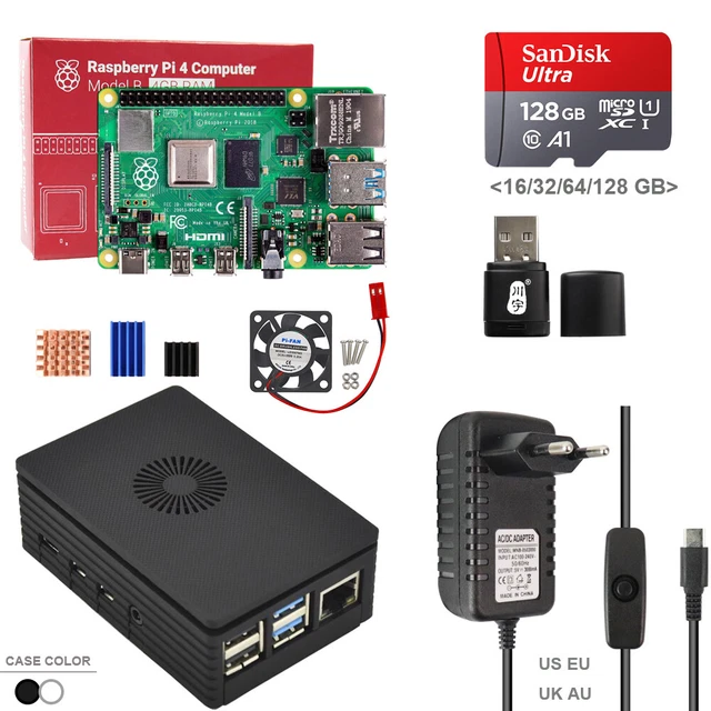 RASPBERRY PI 4 Model B 4B DIY Kit with Fan Plastic Case + 5V 3A Power ...