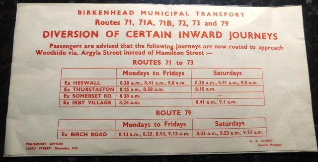 BIRKENHEAD MUNICIPAL TRANSPORT diversion bus route poster 1959 £4.99 ...