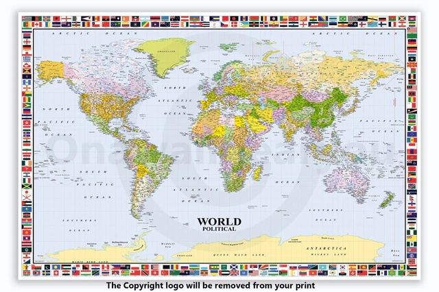 WORLD POLITICAL MAP - Flags - Professionally Encapsulated 36 x 24 ...