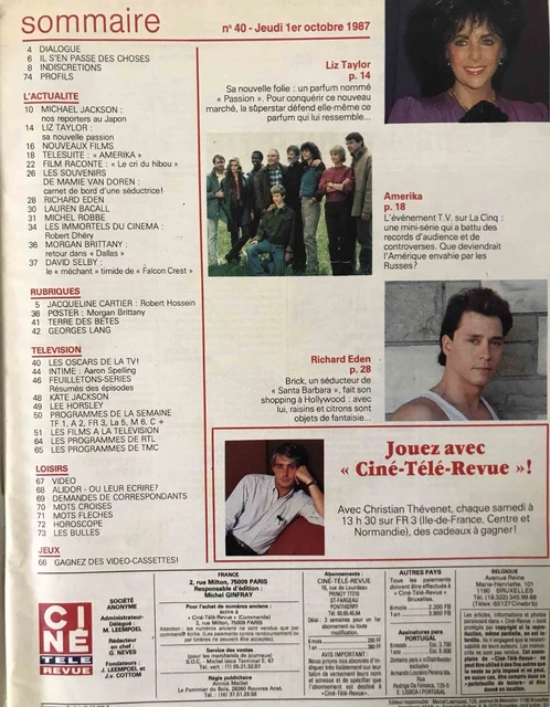 CINE REVUE N°40/1987-MICHAEL JACKSON-MORGAN BRITTANY-KATE JACKSON ...