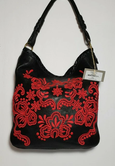 BORSA SHOPPER ISABELLA Fiore Victoria In Pelle Ricamata Rossa/Nera ...