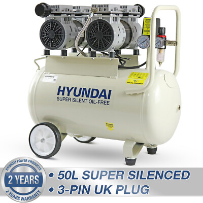 HYUNDAI AIR COMPRESSOR Silent 50L 2x 750w 2HP 100PSI 7BAR Oil Free ...
